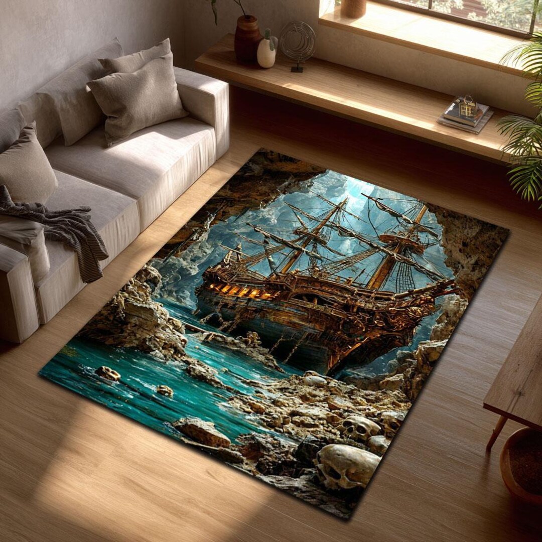 Pirate Ship Rug – Epic Ghost Galleon in Mystic Cave, Dark Fantasy Ocean ...