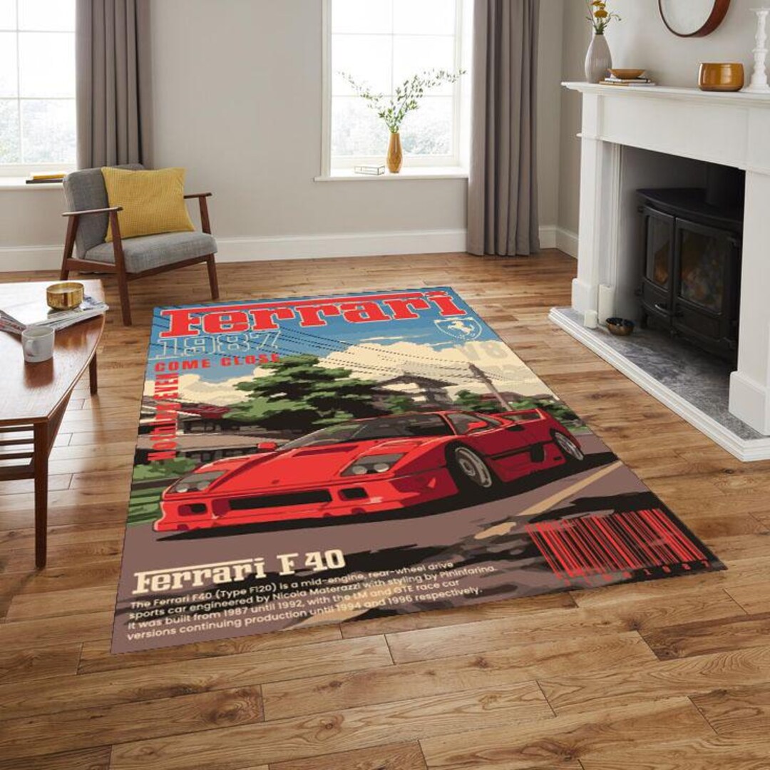 Ferrari F40 Retro Poster Rug With 1987 Vintage Racing Artwork for Car ...