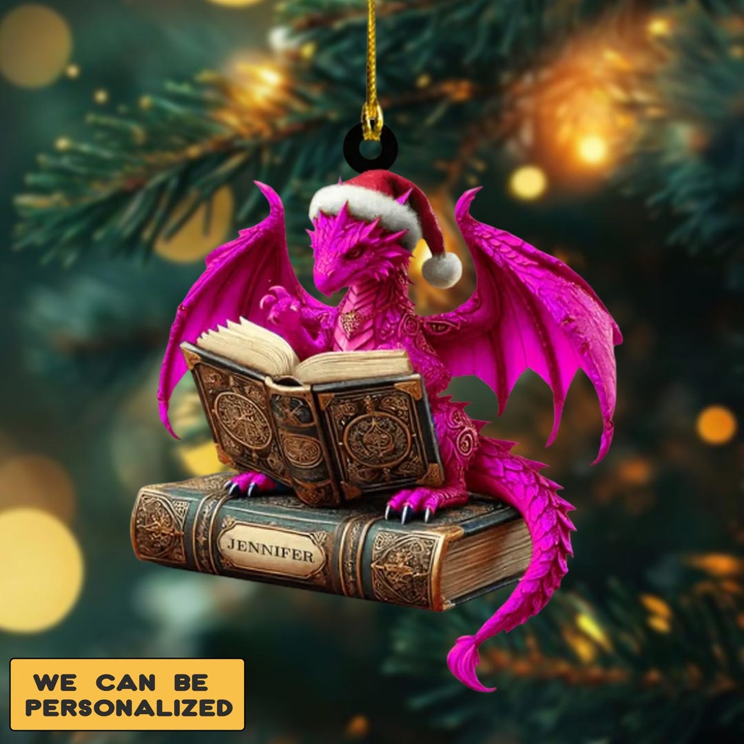 Personalized Dragon Reading Book Christmas Ornament, Ceramic Fantasy ...