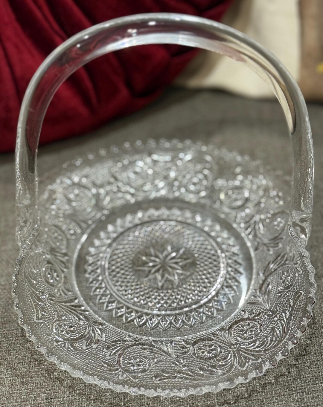 Vintage Duncan & Miller Crystal Candy Basket • Sandwich Pattern ...