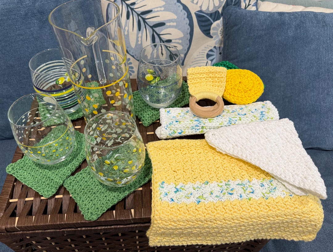 Lemons Pitcher Set With Handmade Crochet Kitchen Decor - Etsy
