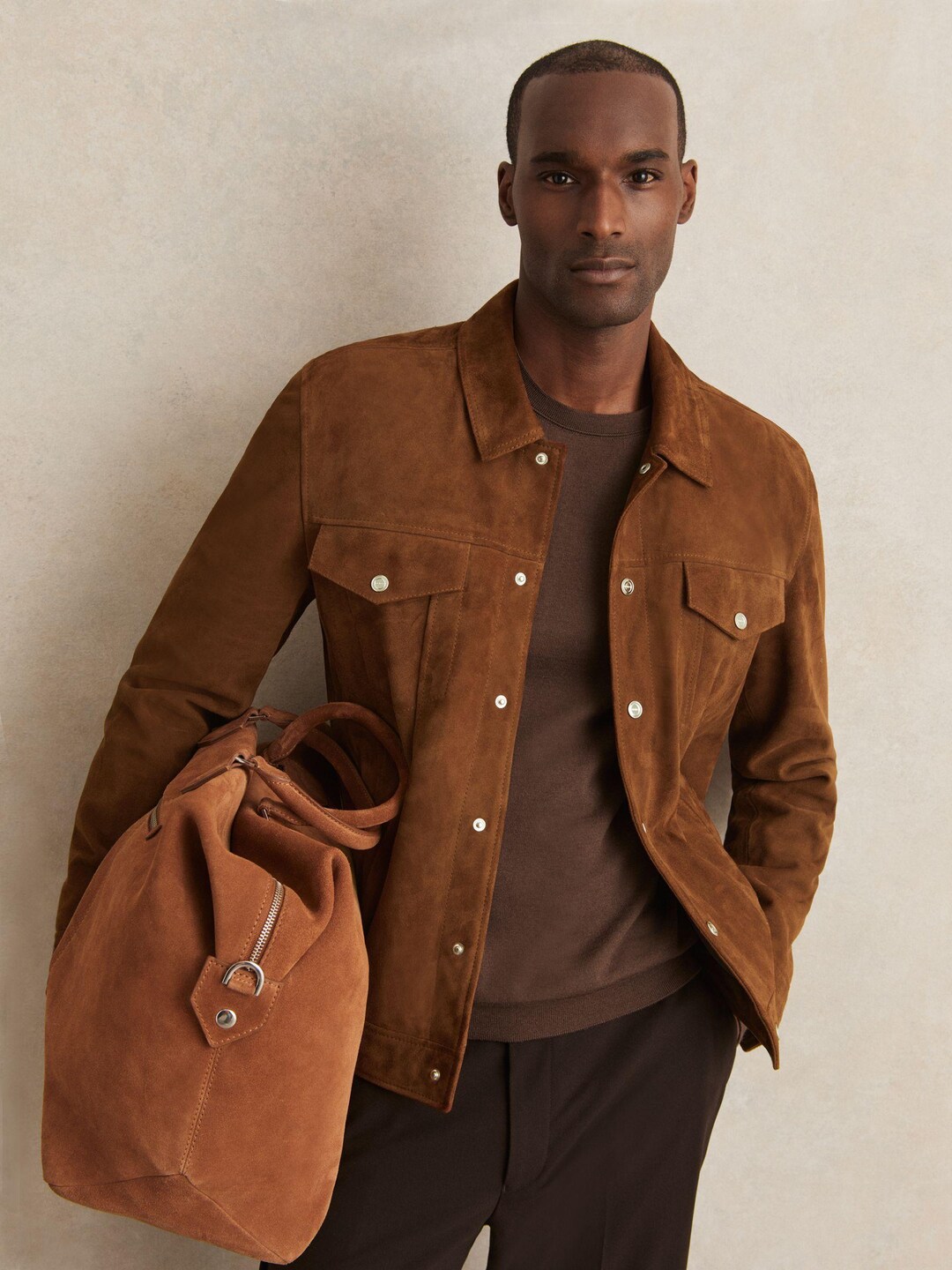 Men’s Tobacco Brown Suede Trucker Jacket | Handmade Press Stud Leather ...