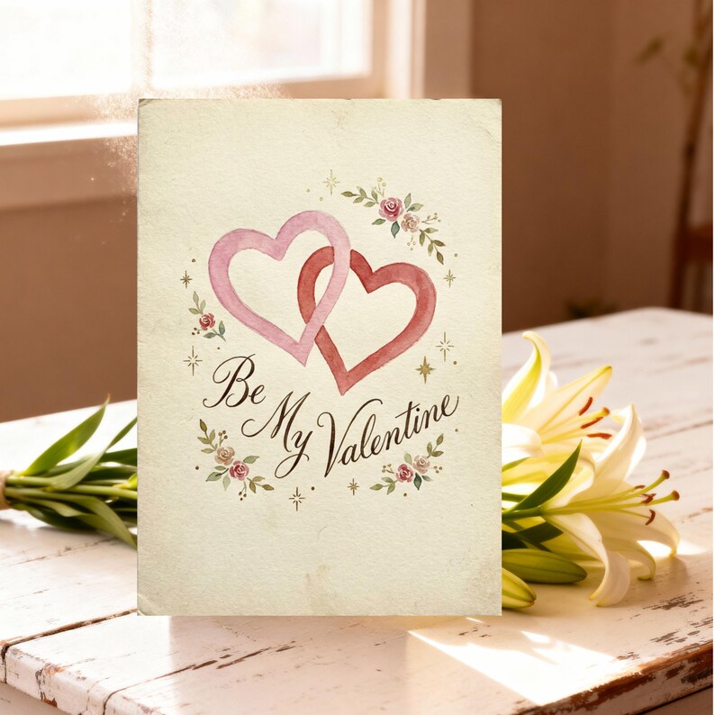 Vintage Valentine’s Day Card Printable, Be My Valentine Watercolor ...