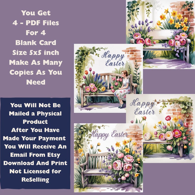 Printable Easter Garden Cards | Rustic Watercolor Floral Bench Set, 5x5 ...