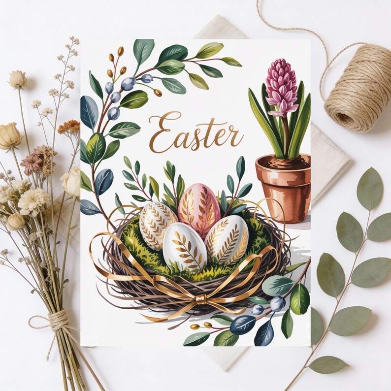 Elegant Easter Card, Gold Egg Botanical, Hyacinth, Modern Farmhouse ...