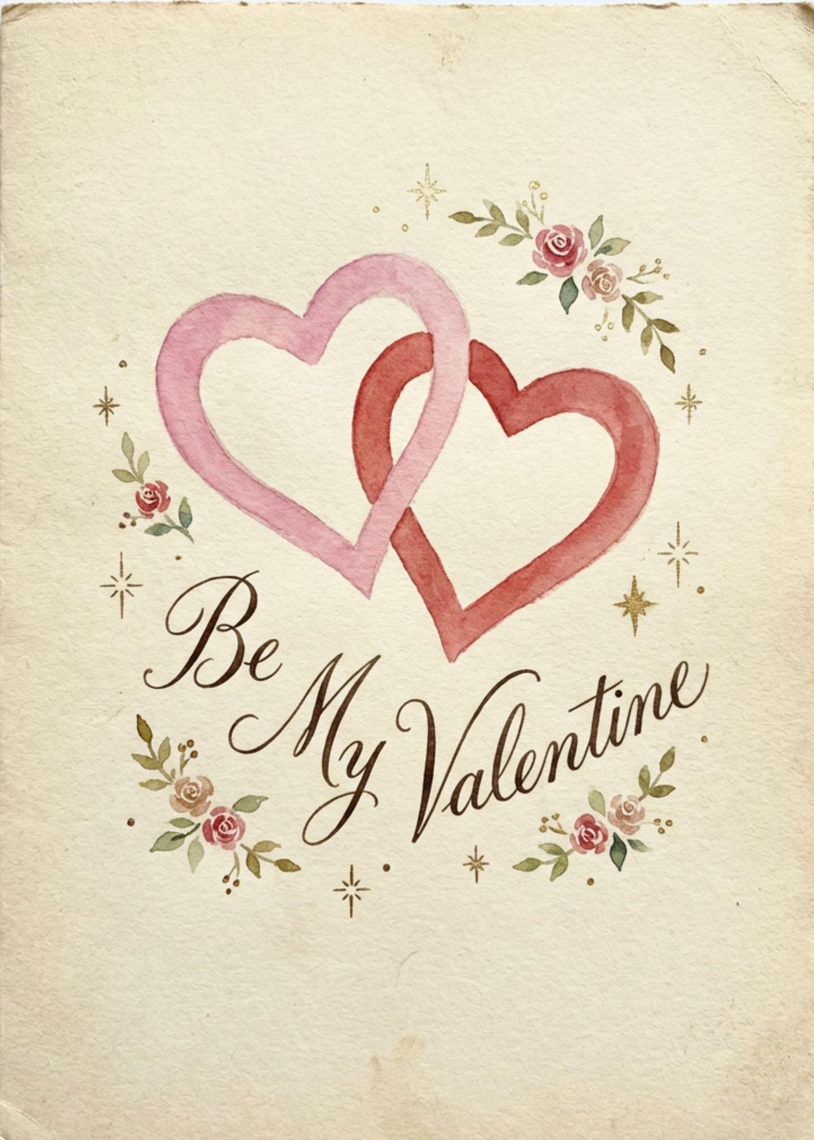 Vintage Valentine’s Day Card Printable, Be My Valentine Watercolor ...