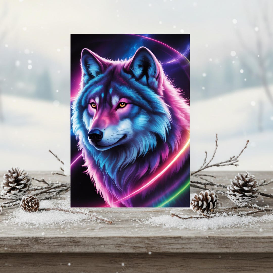 Neon Wolf Birthday Printable Card, Cosmic Animal Greeting, Celestial ...