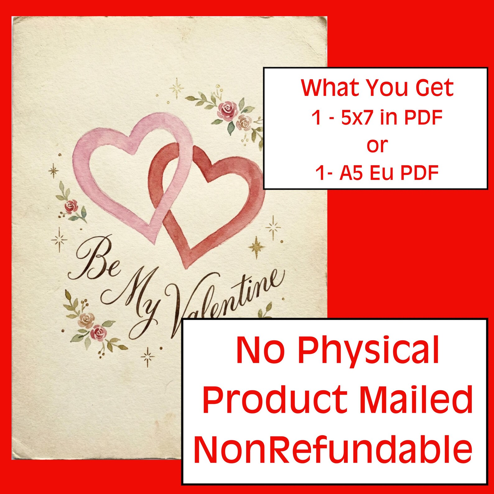 Vintage Valentine’s Day Card Printable, Be My Valentine Watercolor ...