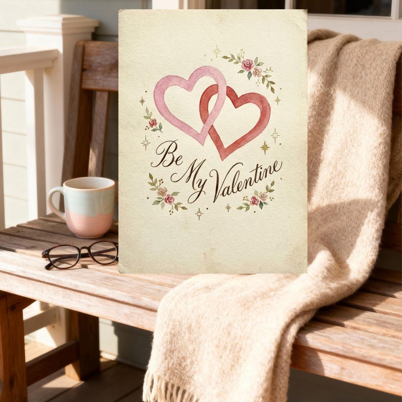 Vintage Valentine’s Day Card Printable, Be My Valentine Watercolor ...