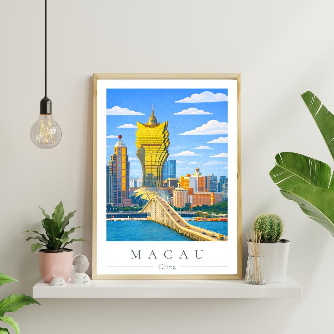 China - Macau - Retro Travel Poster - Landmark Series - Etsy
