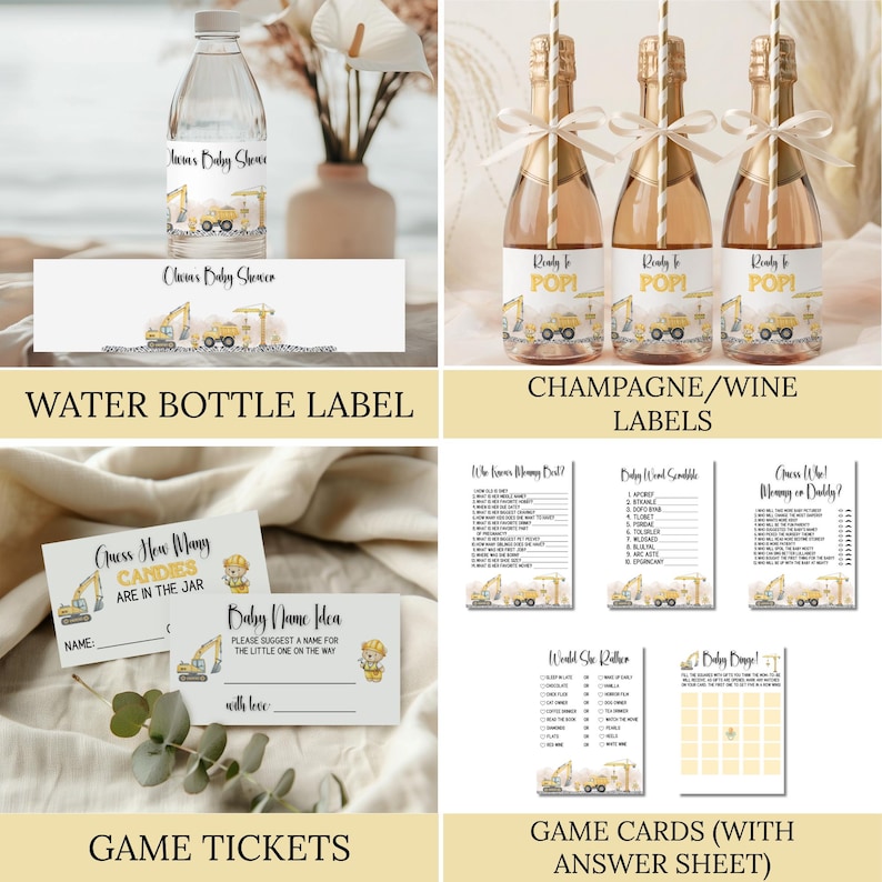 Baby Under Construction Baby Shower Bundle, Editable Canva Templates ...