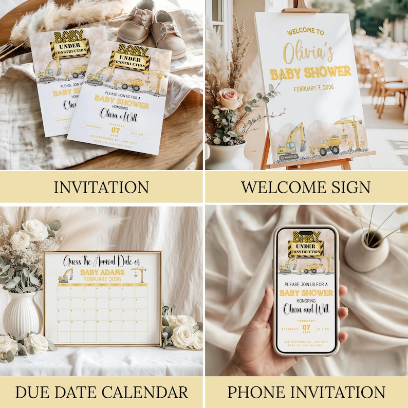 Baby Under Construction Baby Shower Bundle, Editable Canva Templates ...