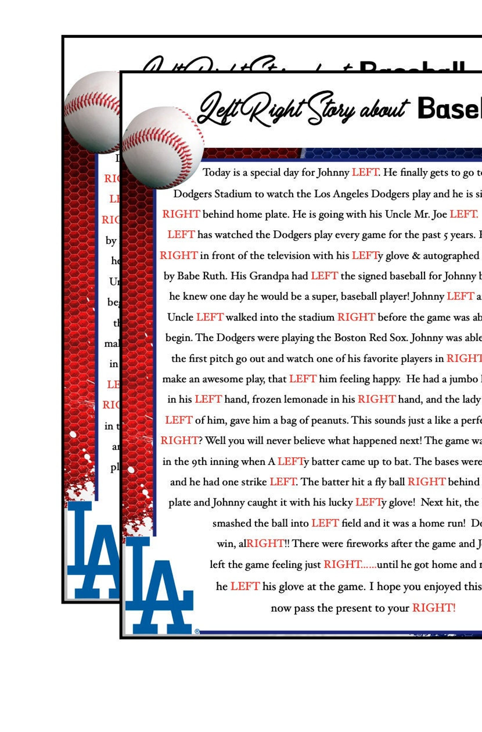 Baseball Party Game | Left Right Story | Pass the Present Game, Left ...