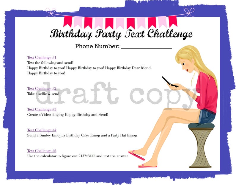 Girls Birthday Party Game-text Challenge Game- Instant Download - Etsy