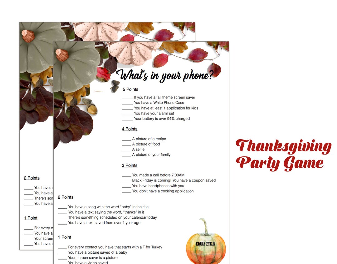 Thanksgiving Party Game (whats in Your Phone) Instant Download Holiday ...