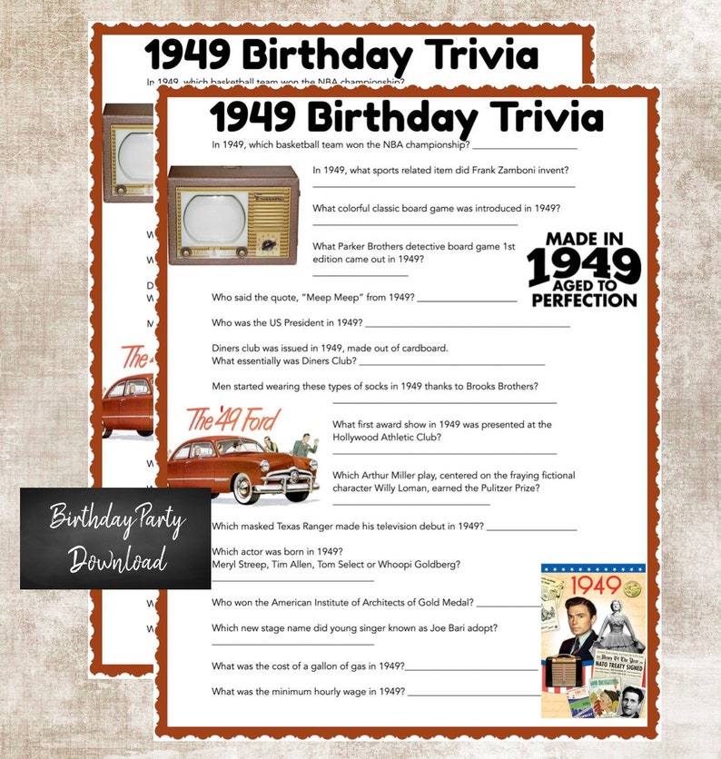 70th Birthday // the Year of 1949 Birthday Party Trivia - Etsy