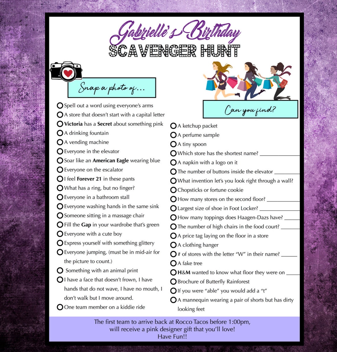 Mall Scavenger Hunt Game Instant Download Custom Order Pdf Etsy