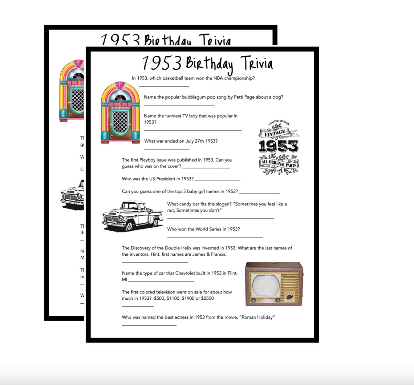 The Year of 1953 Party Trivia Download Printable Game Year You Were ...