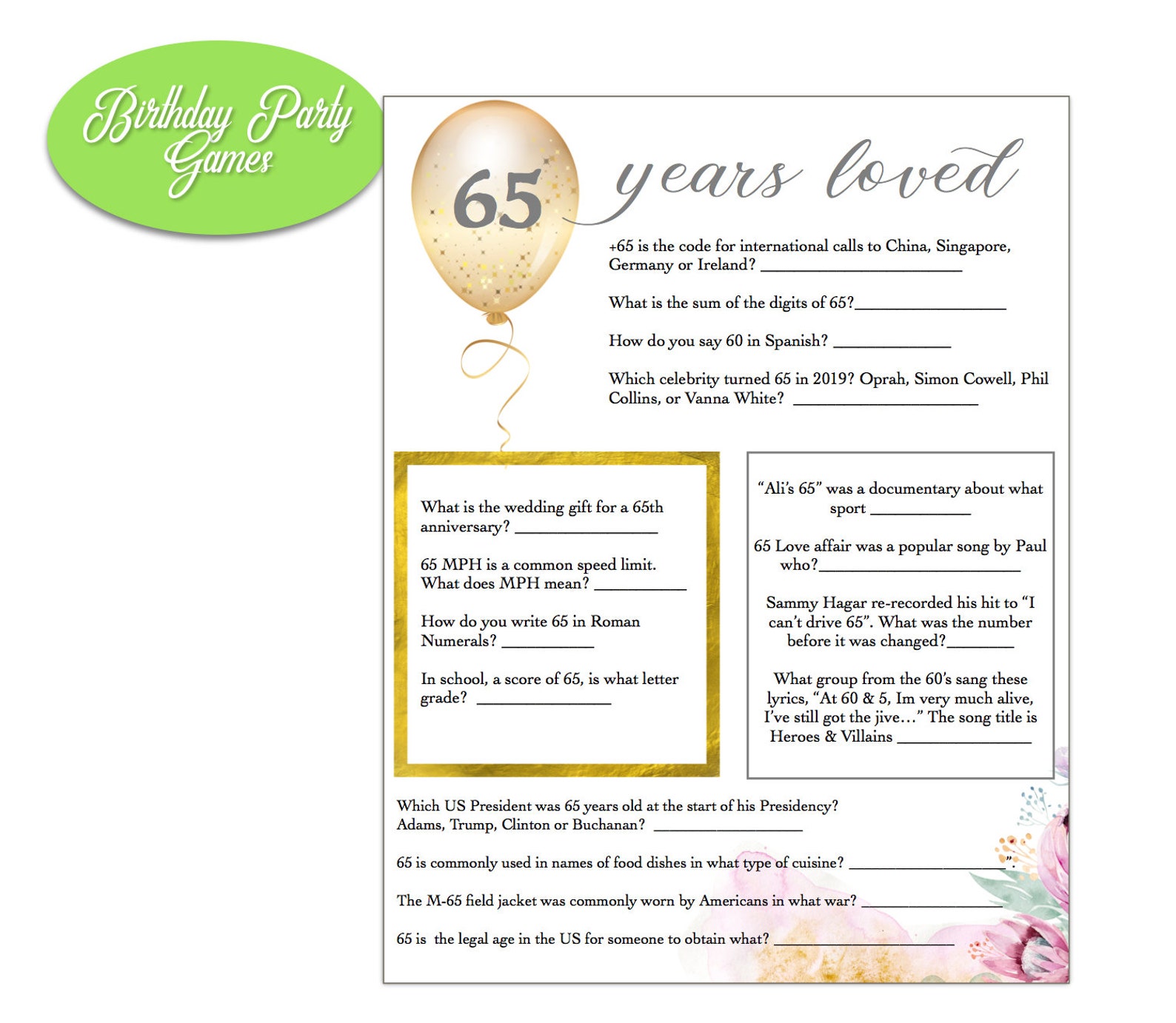 65th Birthday Trivia Game | Instant Download | Everything to Do With ...