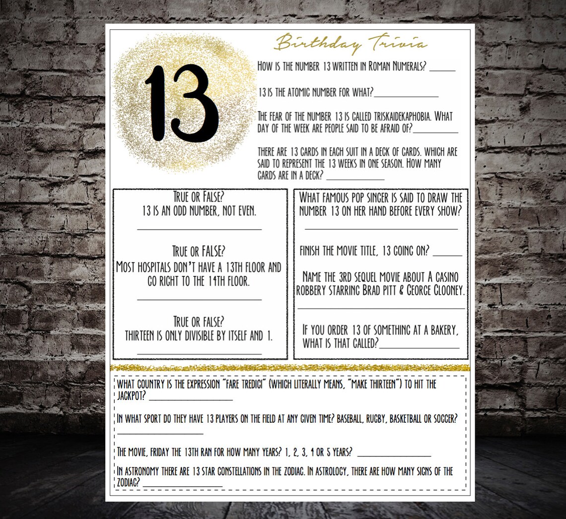 13th Birthday Trivia Game Instant Download Everything to | Etsy