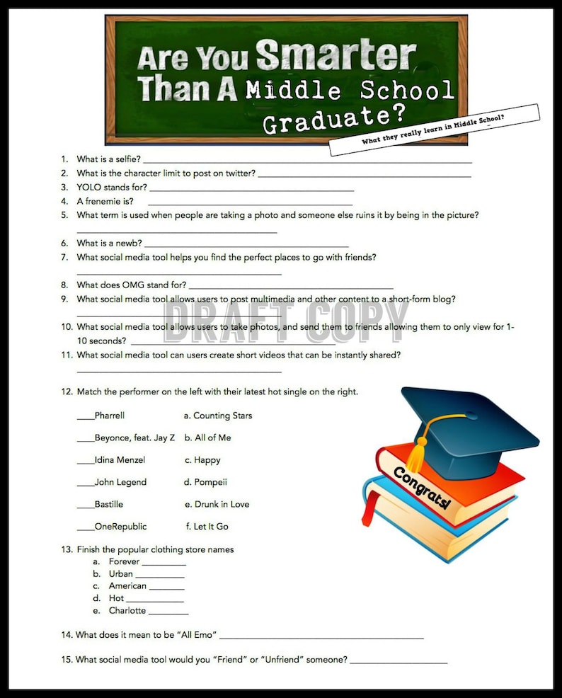 Graduation Party Game-are You Smarter Than a Middle School Graduate - Etsy