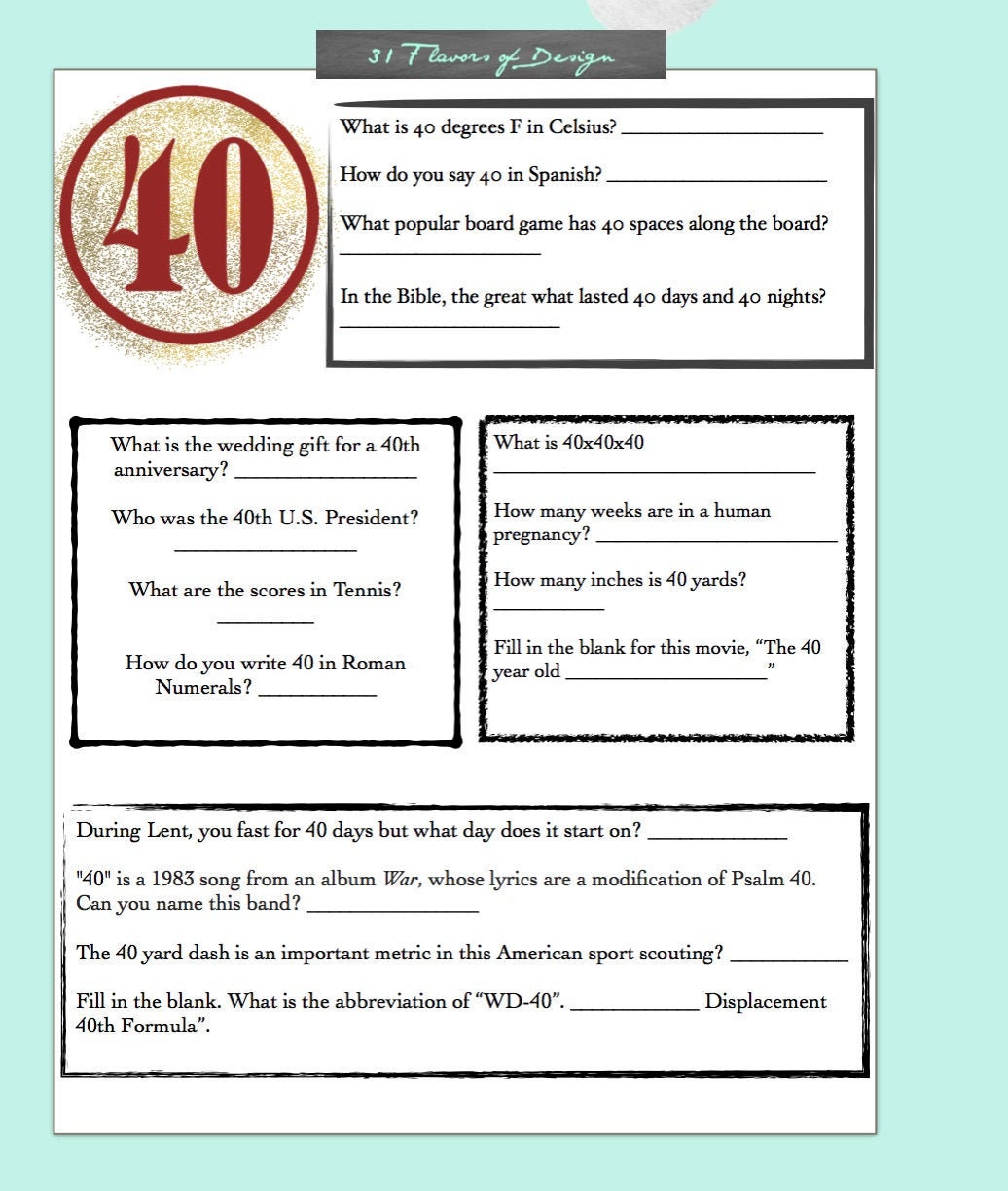 40th Birthday Trivia Game Instant Download Everything to Do With the ...