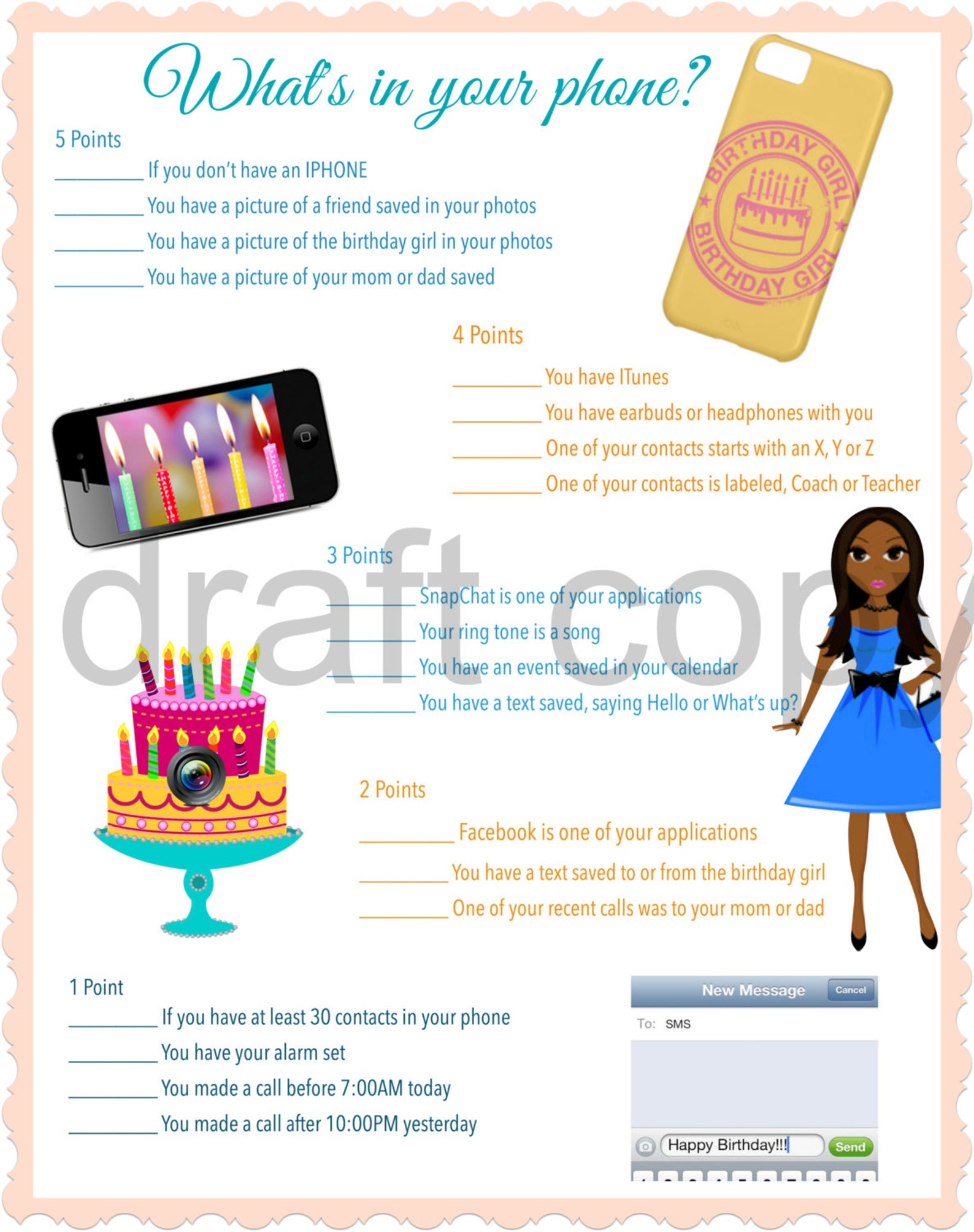 Girls Birthday Party Game-whats in Your Phone | Etsy