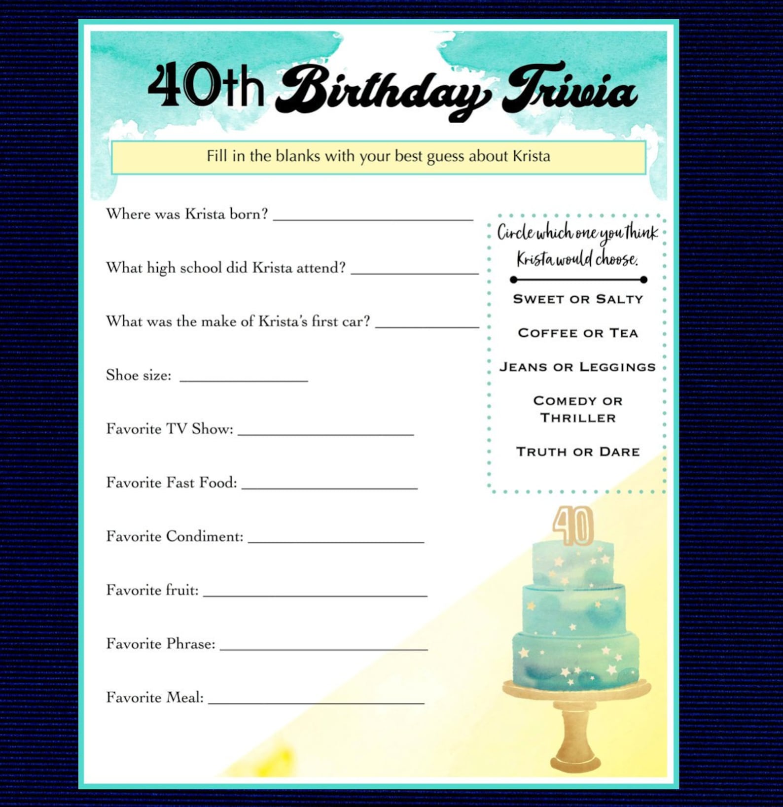 Custom 40th Birthday Trivia Game | Instant Download | Birthday Trivia ...