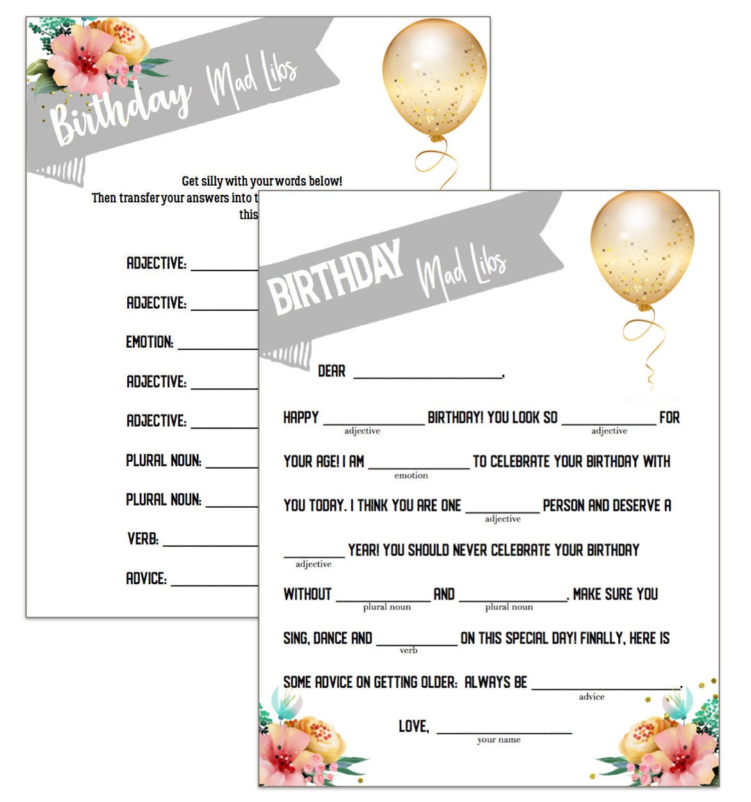 Birthday Party Activities Mad Libs-instant Download Birthday Party ...