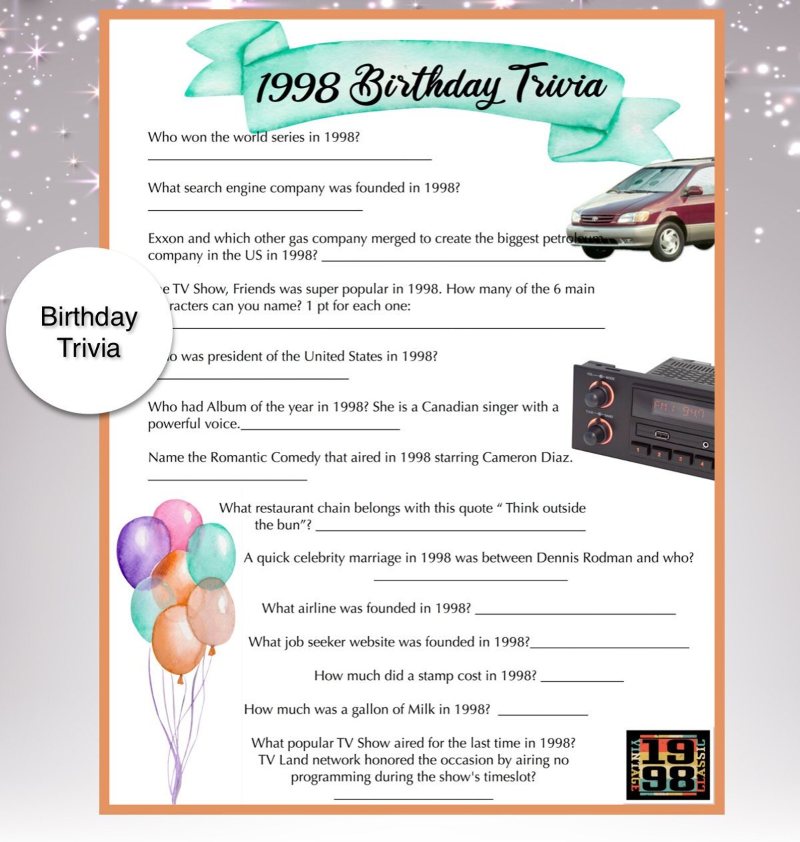1998 Birthday Party Game Trivia Birthday Party Year Trivia - Etsy