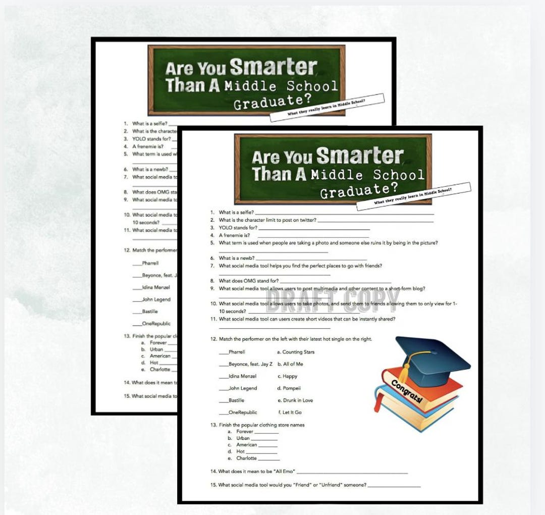 Graduation Party Game-are You Smarter Than a Middle School Graduate! - Etsy