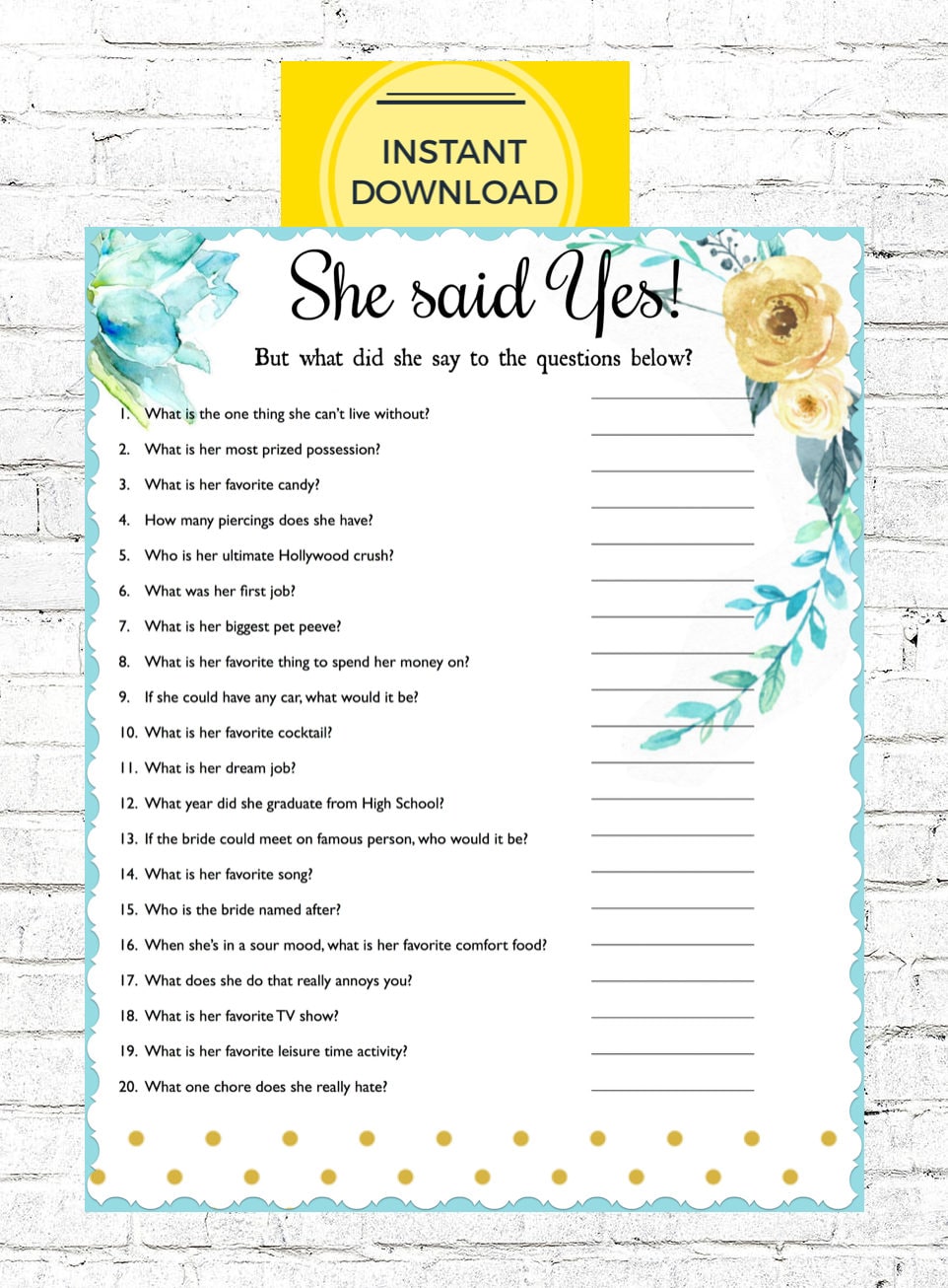 Printable Bridal Shower Game Bridal Trivia Instant | Etsy