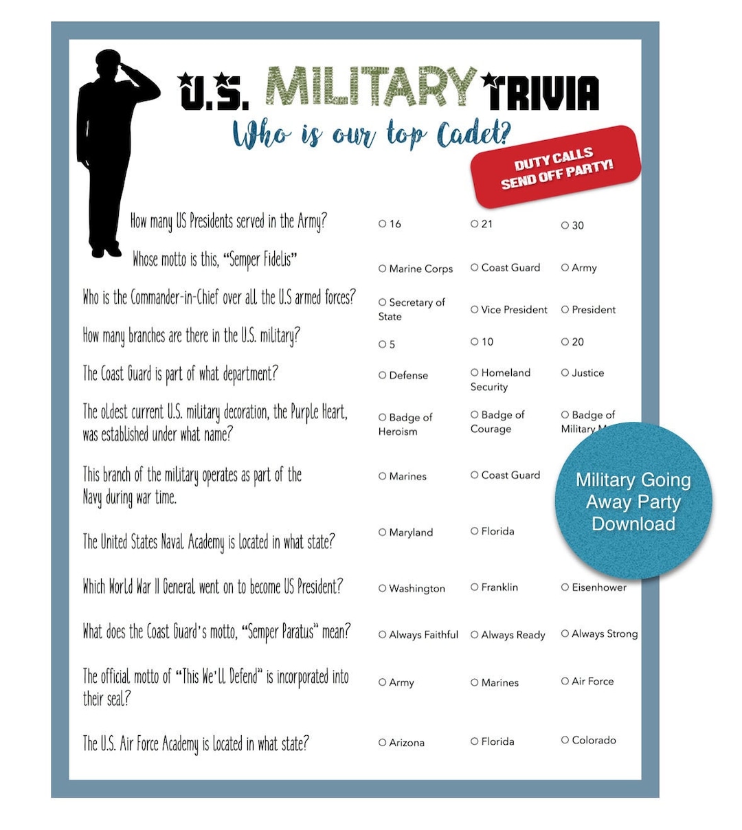 Military Send off Party Game | Duty Calls | Army | Marines | Graduation ...