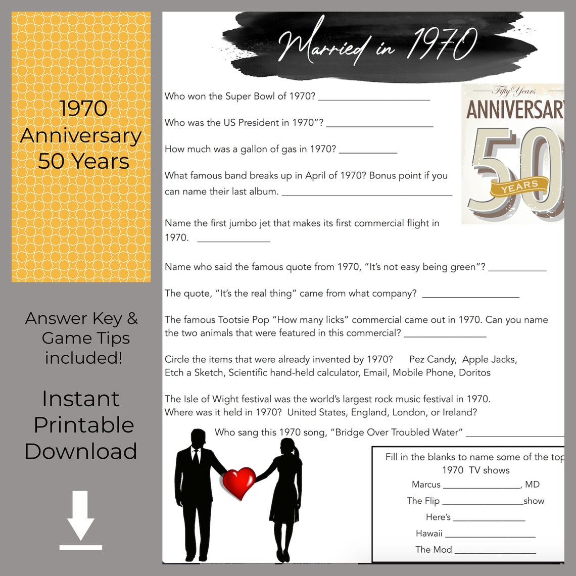 50th Wedding Anniversary Party Game Questions From 1970 - Etsy