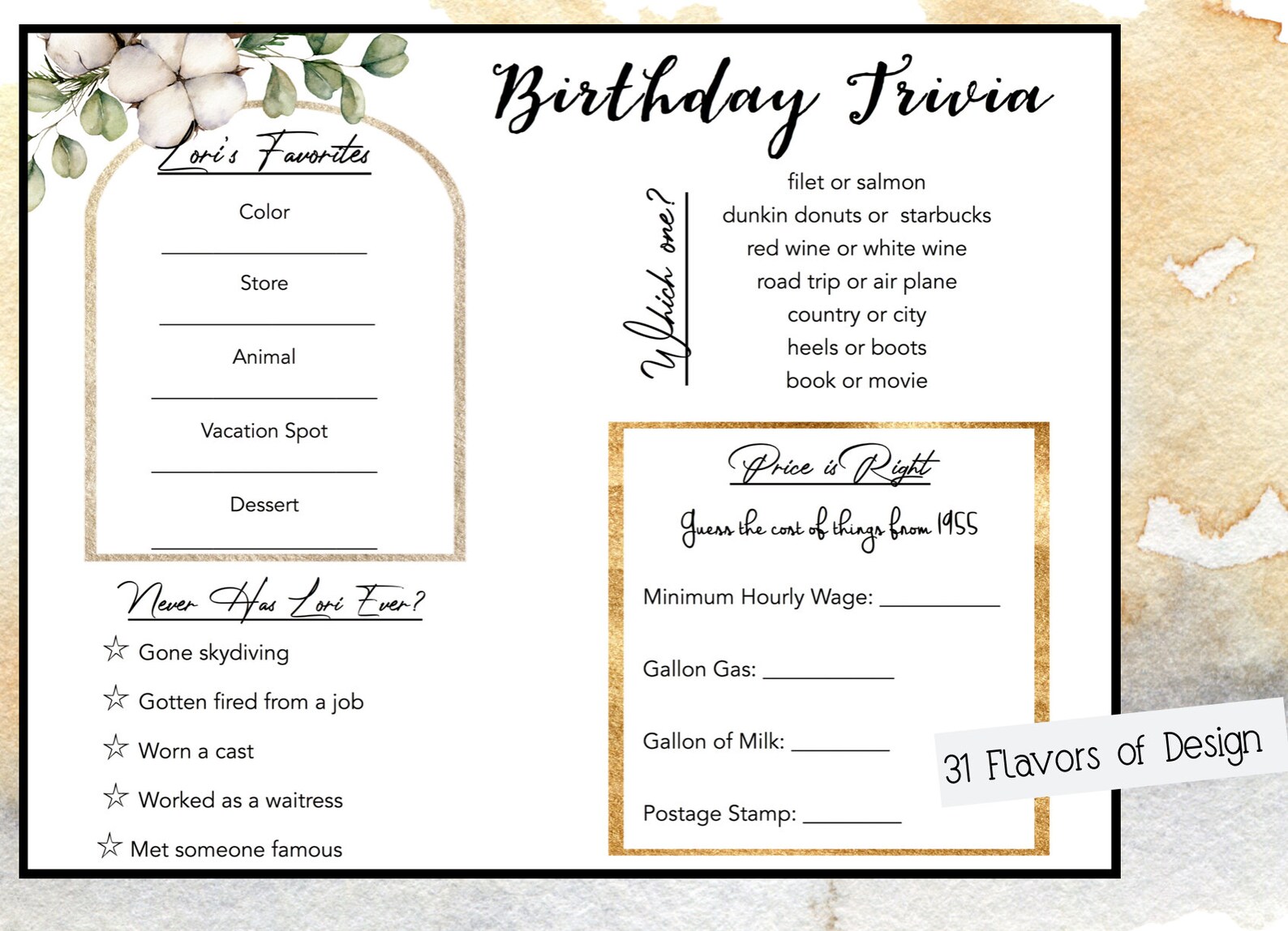 Customized Birthday Trivia Game Different Trivia Questions | Etsy