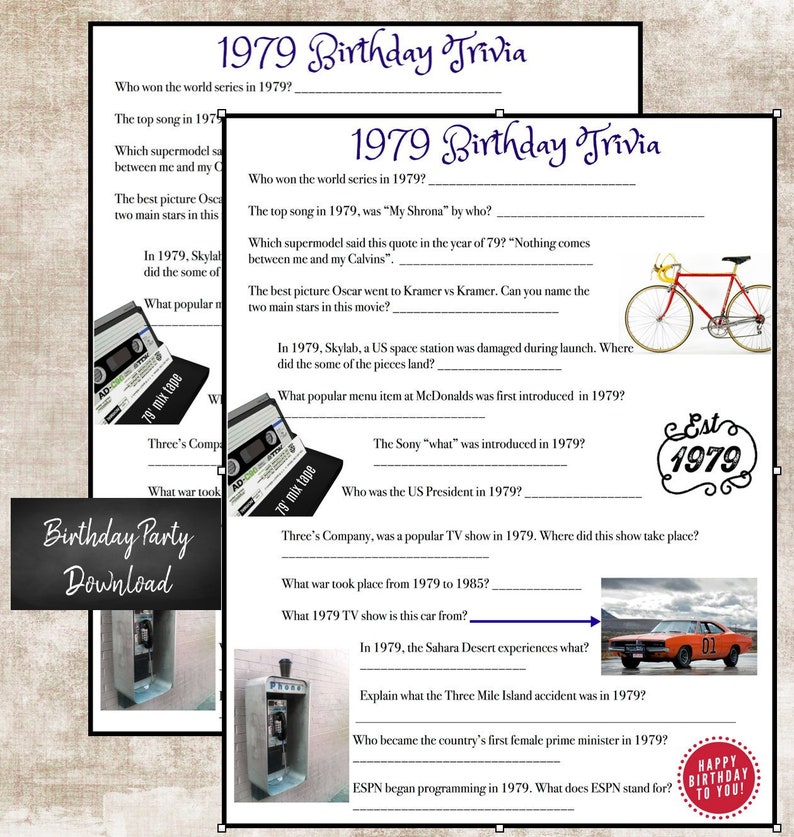 40th Birthday // the Year of 1979 Party Trivia Download - Etsy