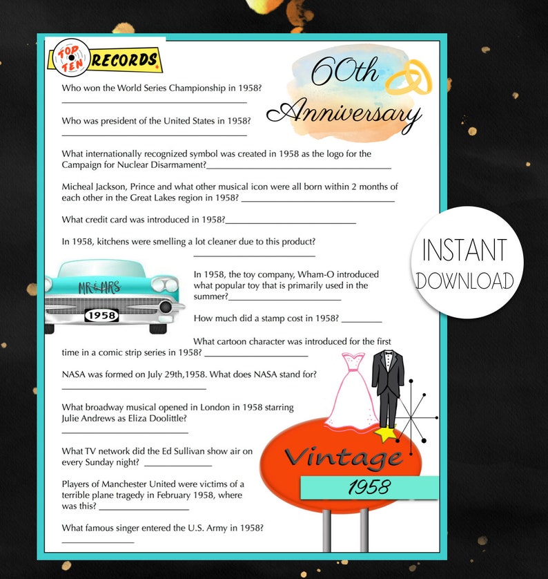 60th Anniversary 1958 Year Anniversary Trivia Game Instant - Etsy