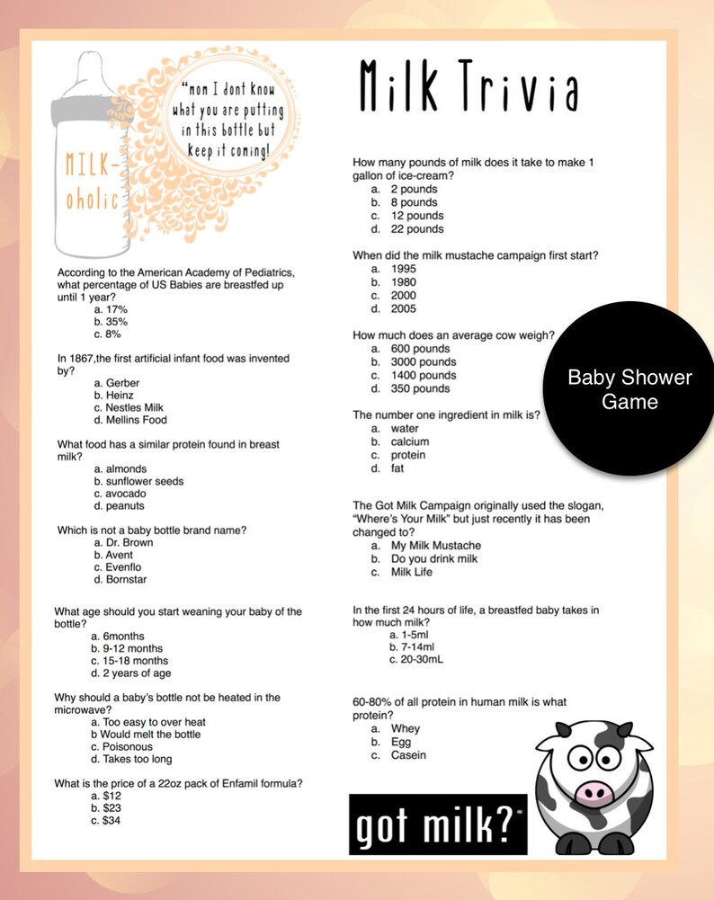 Baby Shower Milk Trivia Game Instant Download Printables - Etsy