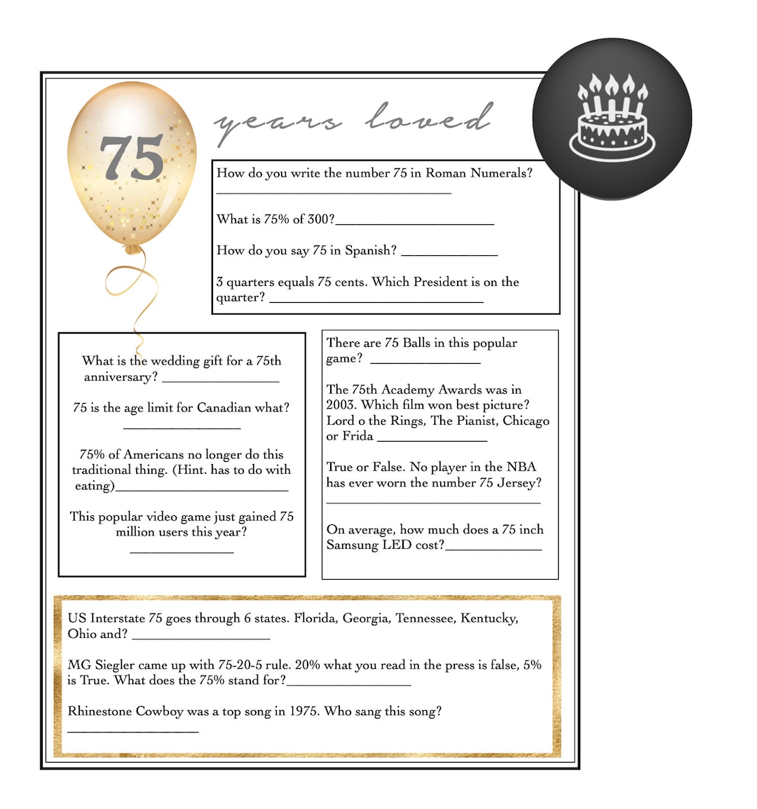 75th Birthday Trivia Game | Instant Download | Everything to Do With ...