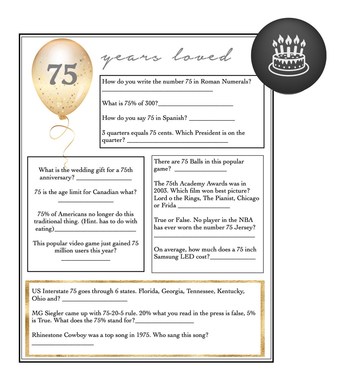 75th Birthday Trivia Game Instant Download Everything to - Etsy