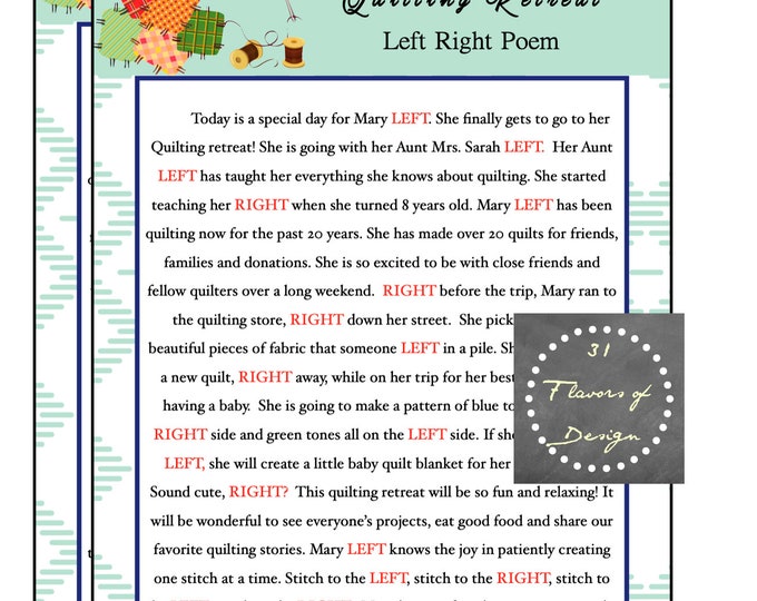 Quilting Retreat | Printable Download | Left Right Story| Custom ...