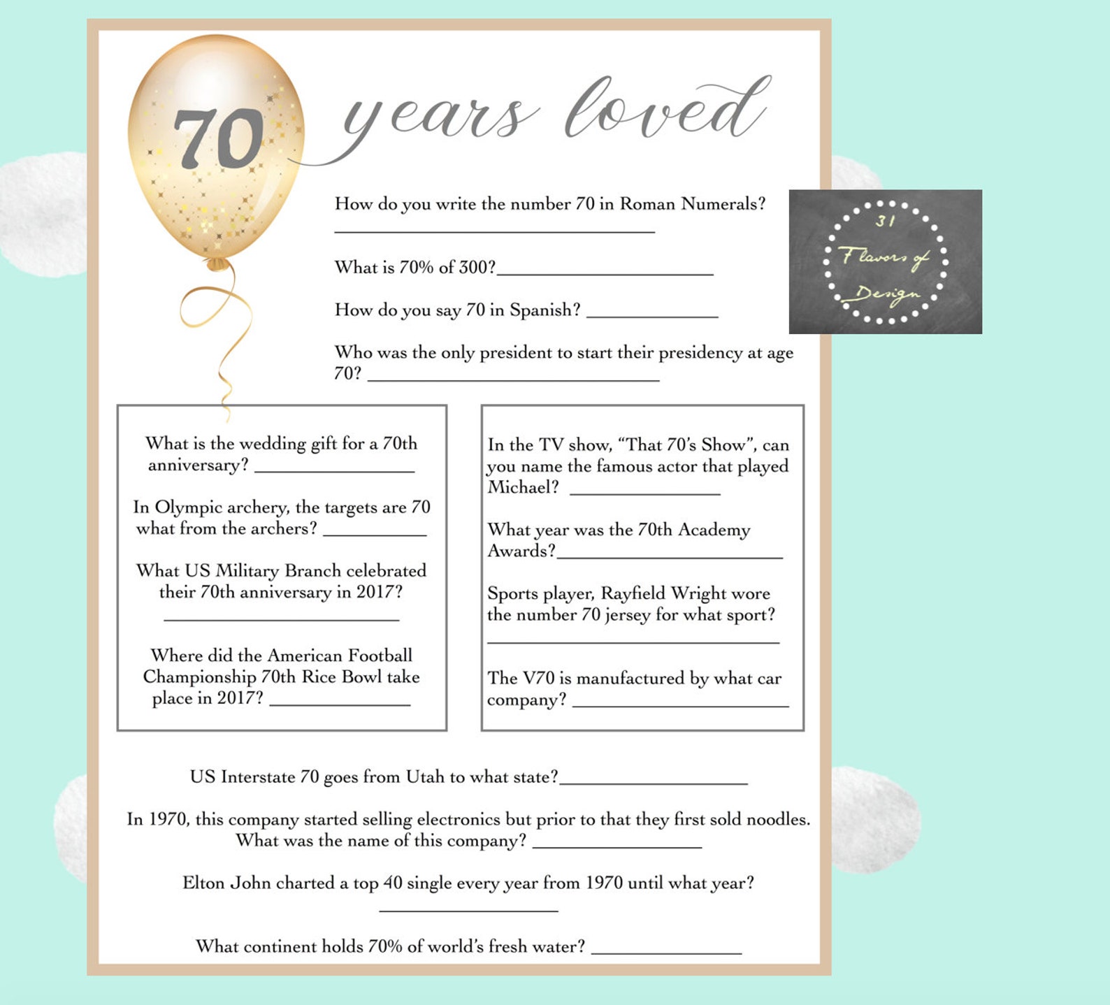 70th Birthday Trivia Game Instant Download Everything to Do With the ...