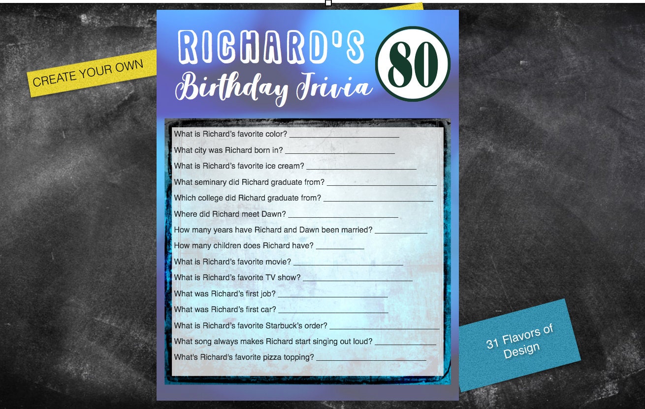 Birthday Party Game Custom Trivia Game Custom Printable - Etsy