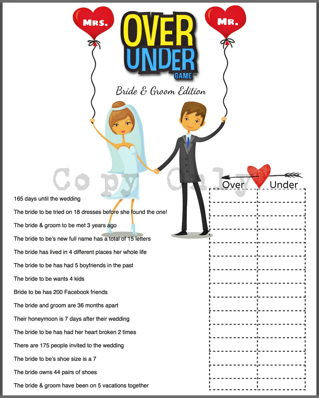 Bridal Shower Game - Over or Under - Custom OR Instant Printable ...