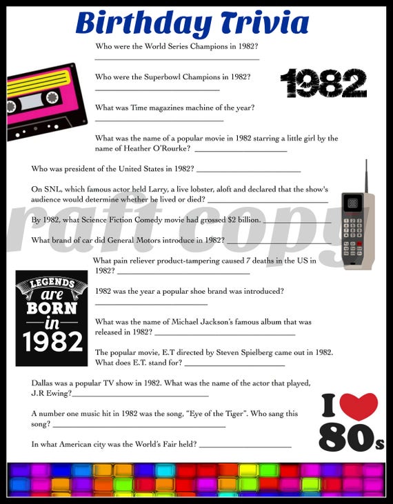 1982 Birthday Trivia Game Birthday Party Trivia 50's - Etsy
