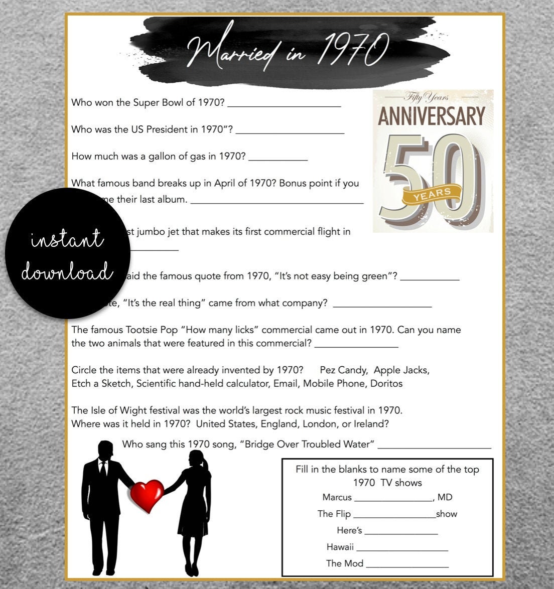 50th Wedding Anniversary Party Game Questions From 1970 - Etsy UK