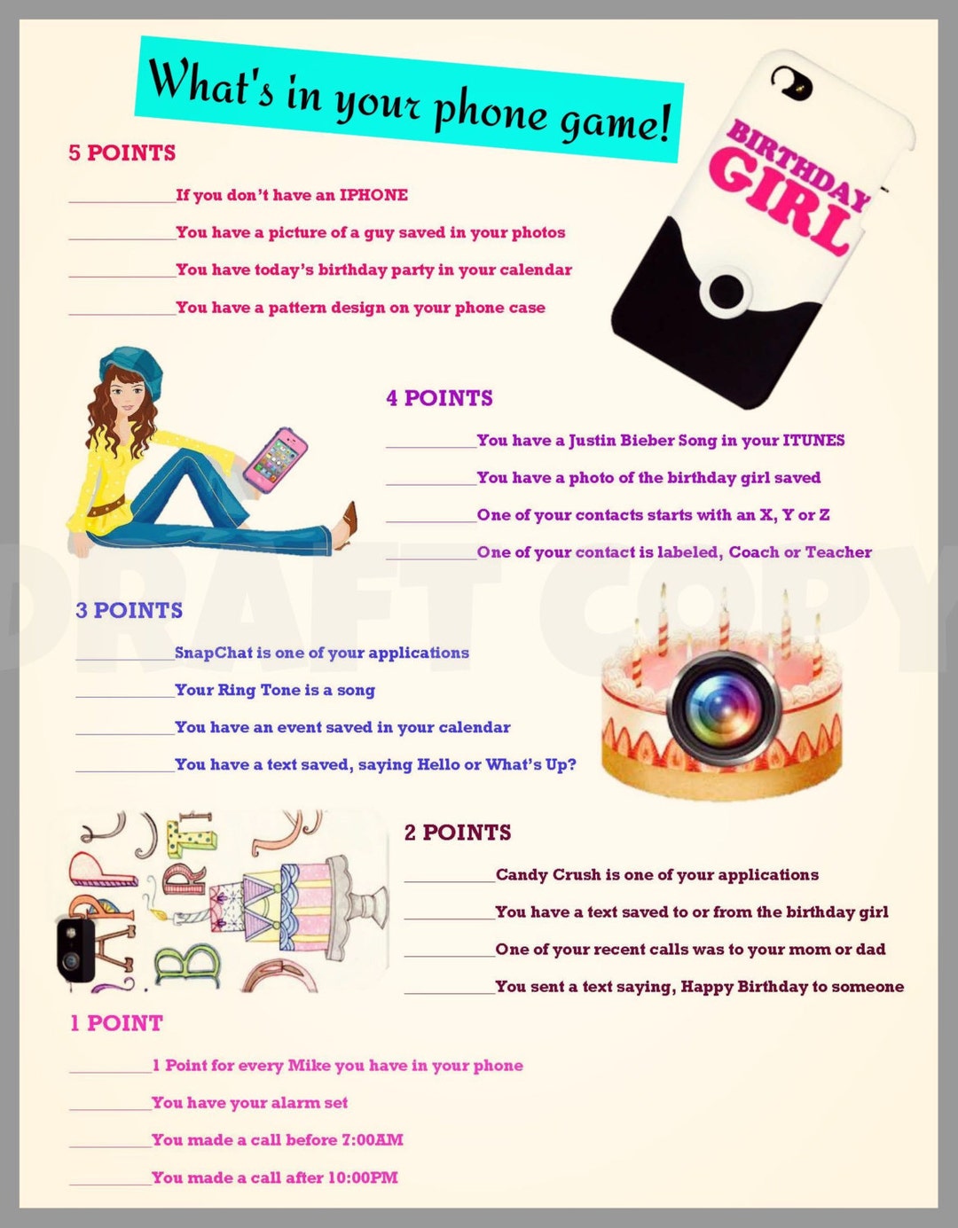 Girls Birthday Party Game-whats in Your Phone? - Etsy