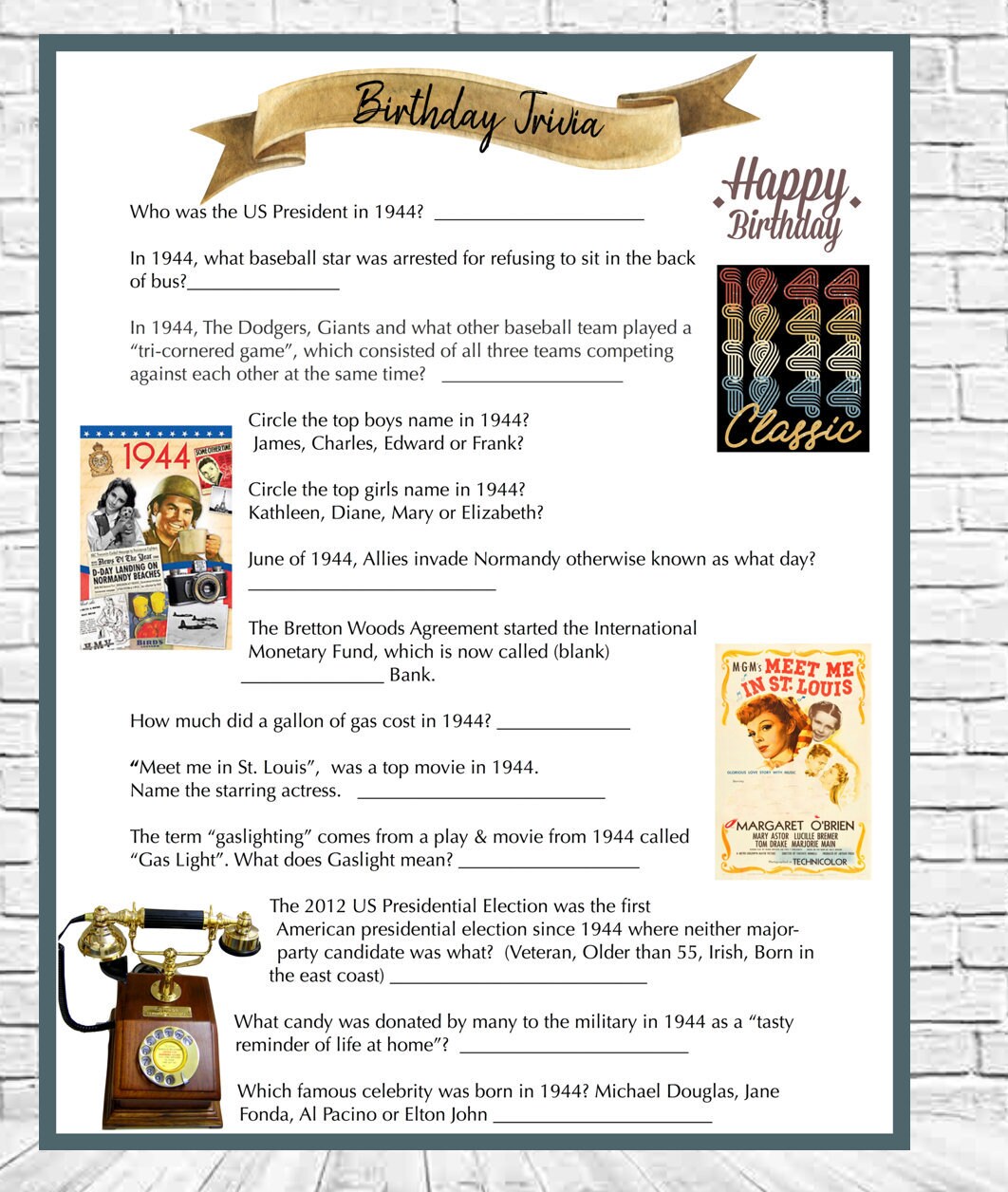 The Year of 1944 - Birthday Party Trivia - Download Printable Game ...
