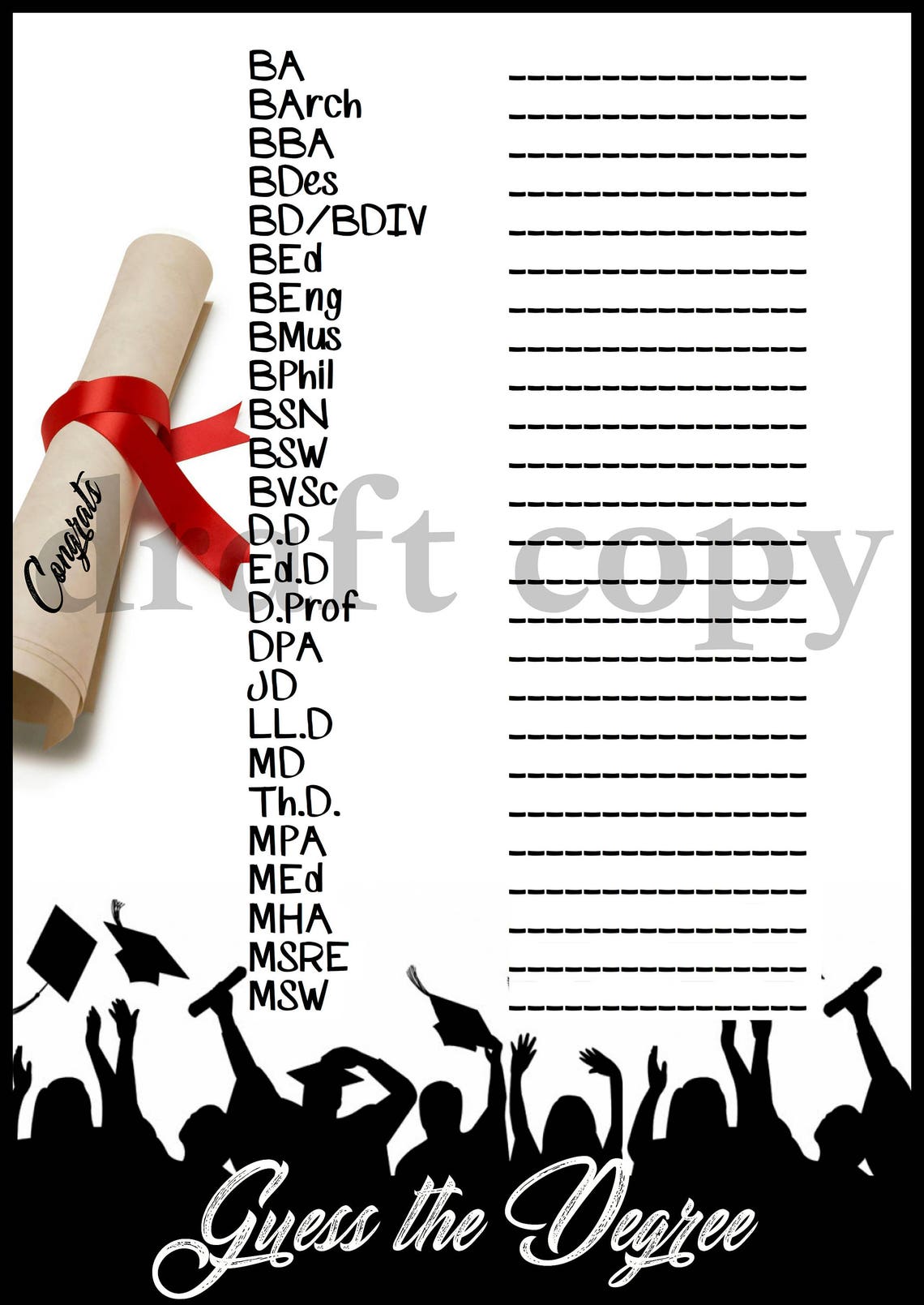 College / High School Graduation Party Game Guess the Degree - Etsy
