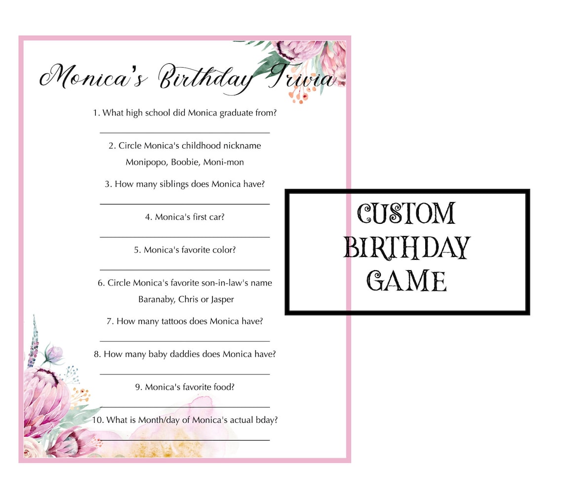 Birthday Party Game Custom Trivia Game Questions Printable | Etsy